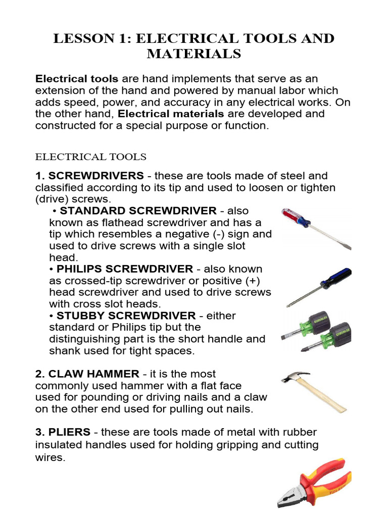 Eim Lesson 1 Electrical Tools and Materials | PDF | Electricity ...