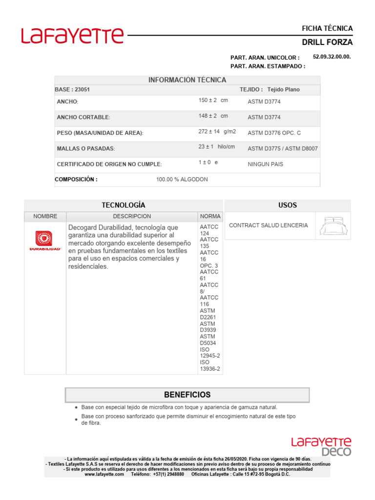 Ficha Tecnica Comercial Drill Forza 260520 | PDF | Textiles