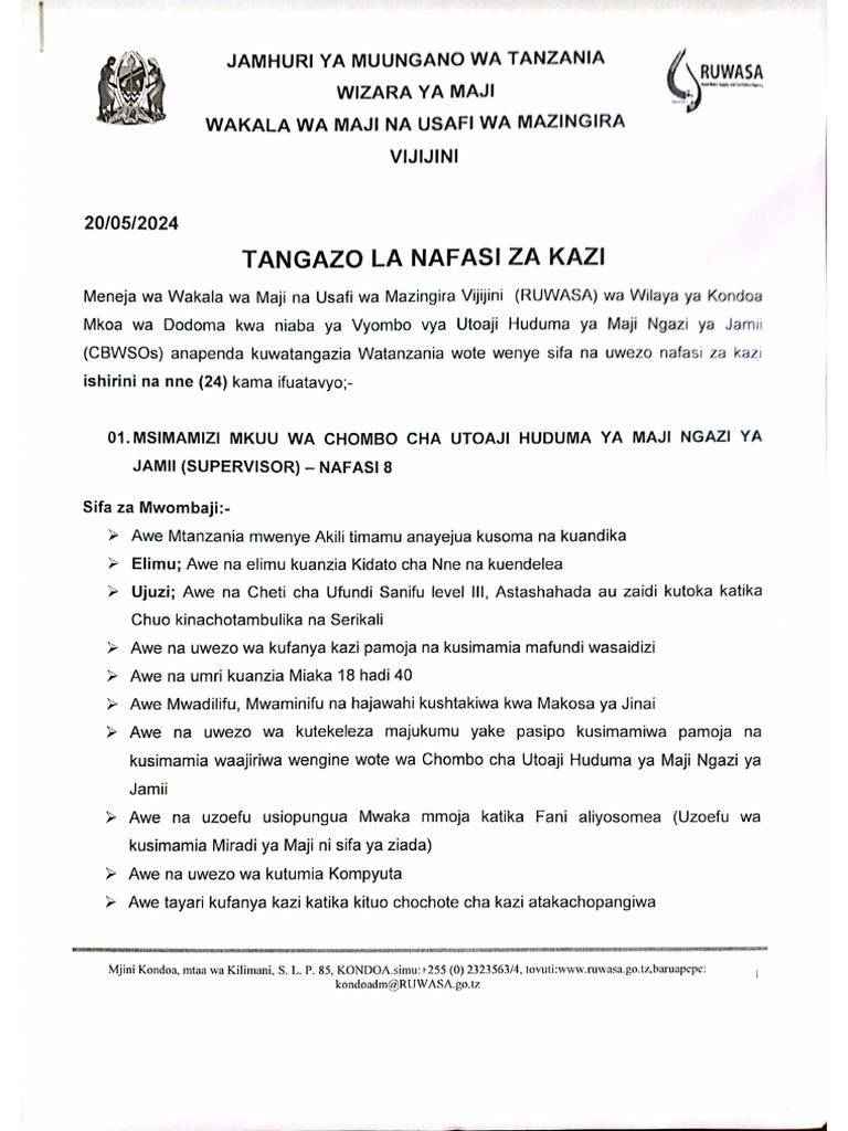 Tangazo La Kazi Cbwso Kondoa | PDF