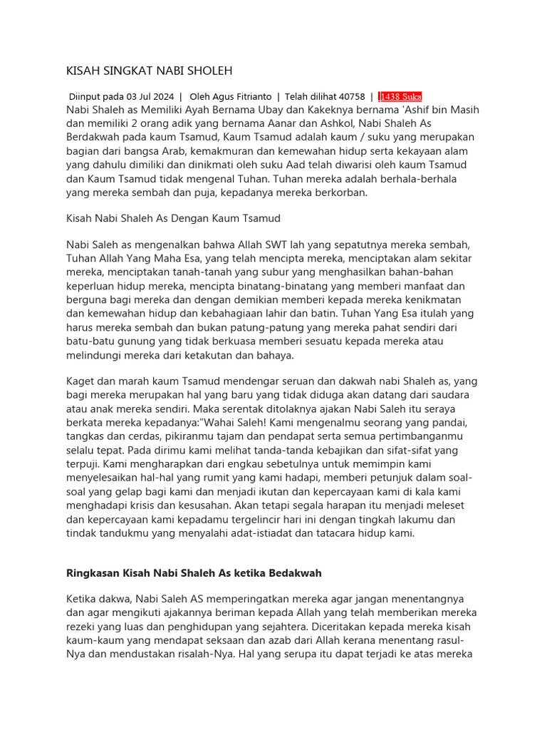 Kisah Singkat Nabi Sholeh | PDF