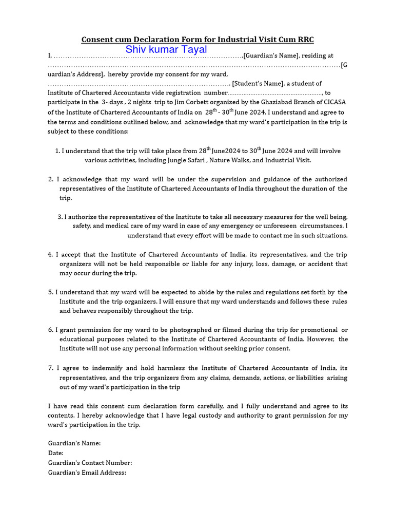 Consent Cum Declaration Form for Industrial Visit Cum RRC(1) | Download Free PDF | Consent | Justice