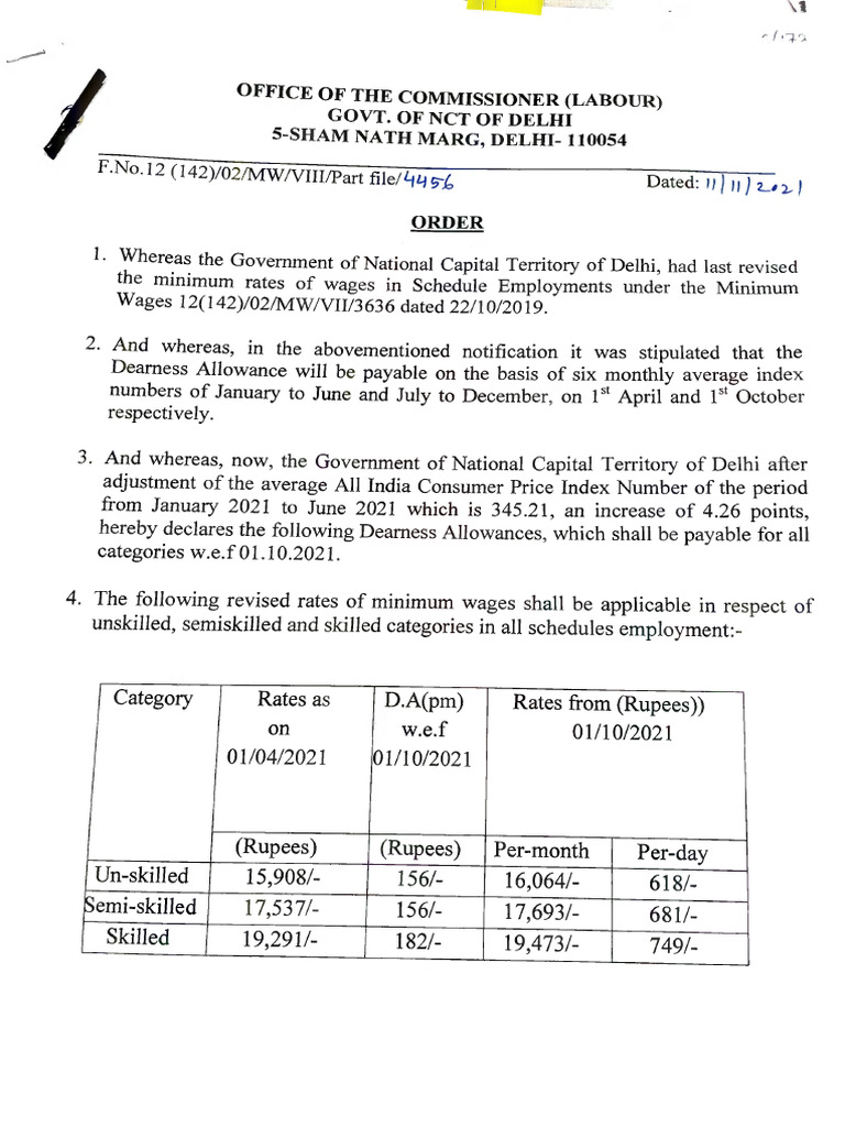 The Delhi Minimum Wages Notification 1st Oct 2021 | PDF | Economies
