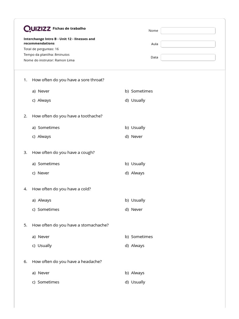 Interchange Intro B - Unit 12 - Ilnesses and Recommendations - Quizizz ...