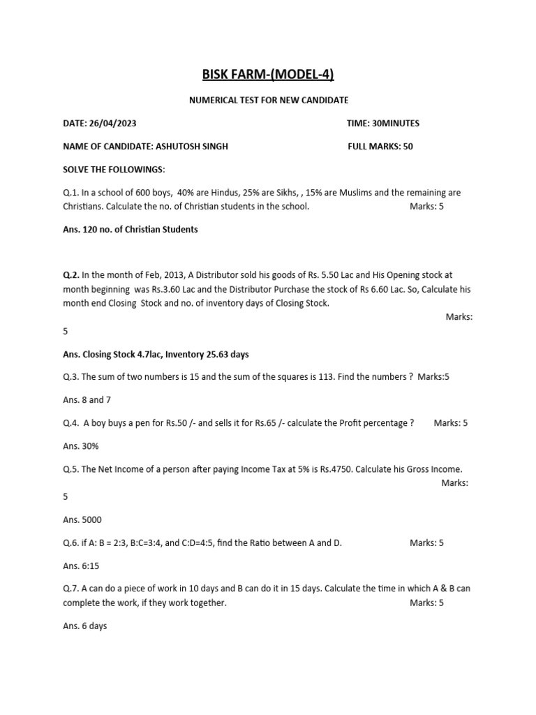 Numerical Ability Test IV | PDF | Money | Economies
