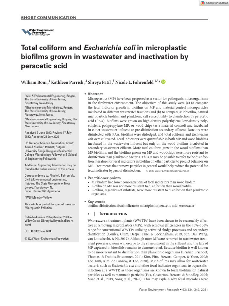 Total Coliform and Escherichia Coli in Microplastic Biofilms Grown in Wastewater | PDF | Biofilm ...