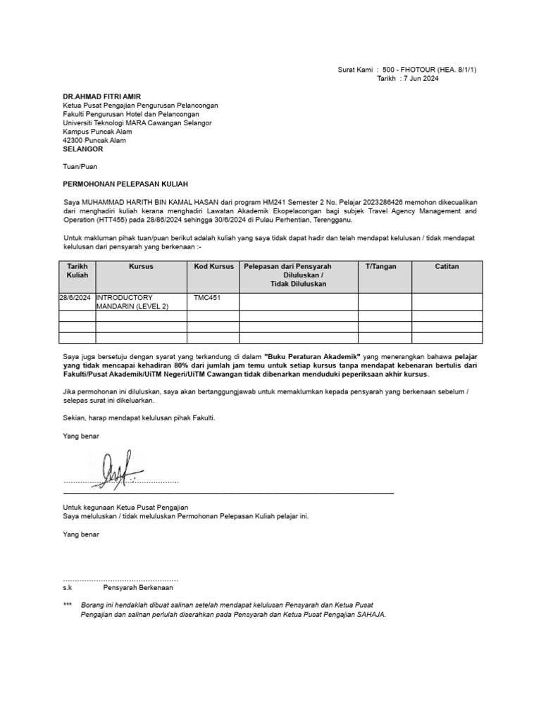 Surat Pengecualian Kuliah TMC451 Muhammad Harith | PDF | Karier ...