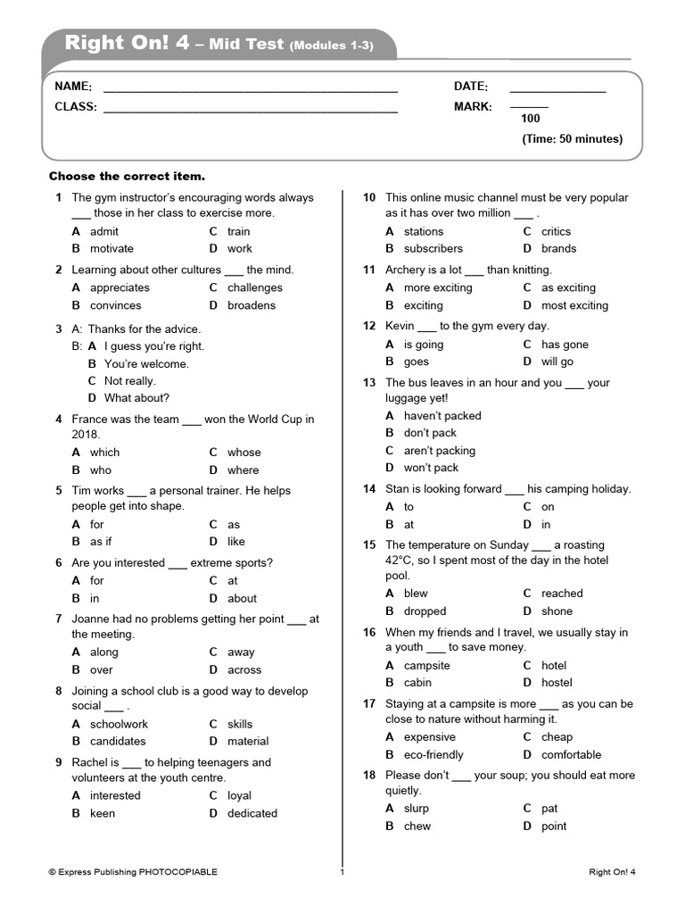 10 Right On 4 - SERB - Mid Test | PDF