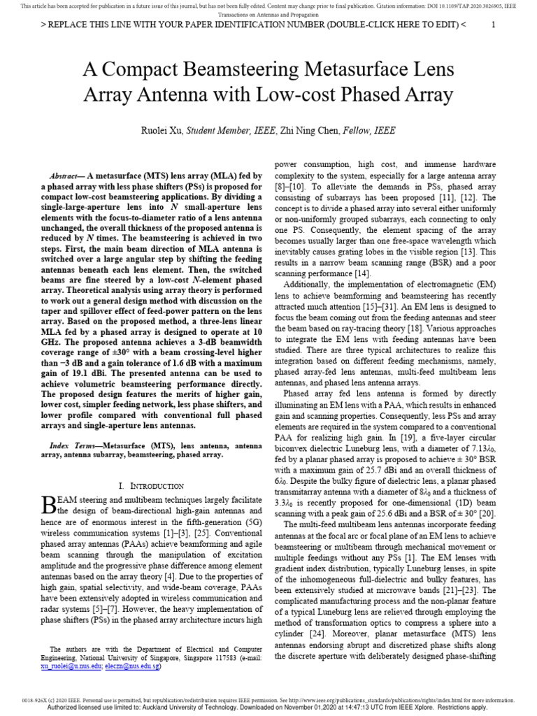 A Compact Beamsteering Metasurface Lens Array Antenna with Low-cost Phased Array | PDF | Radio ...