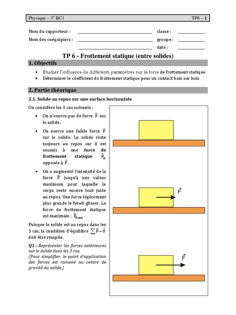 TP6 Frottement statique | Friction | Obliger
