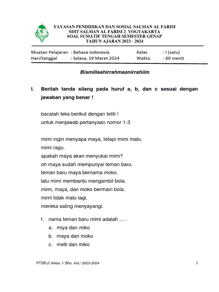 PTS - Naskah - Kelas 1 Yysn Genap Bhs. Ind 2023-2024 | PDF | Seni & Disiplin Bahasa