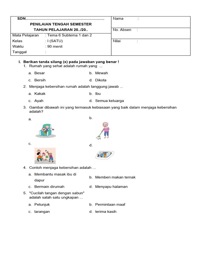 Soal PTS Kelas 1 Tema 6 Subtema 1 Dan 2 | PDF