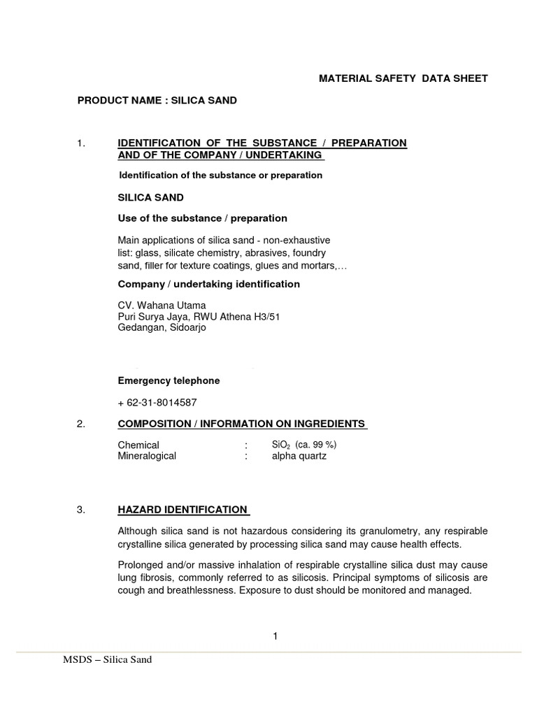 Silica Sand Safety Data Sheet | PDF | Silicon Dioxide | Occupational ...