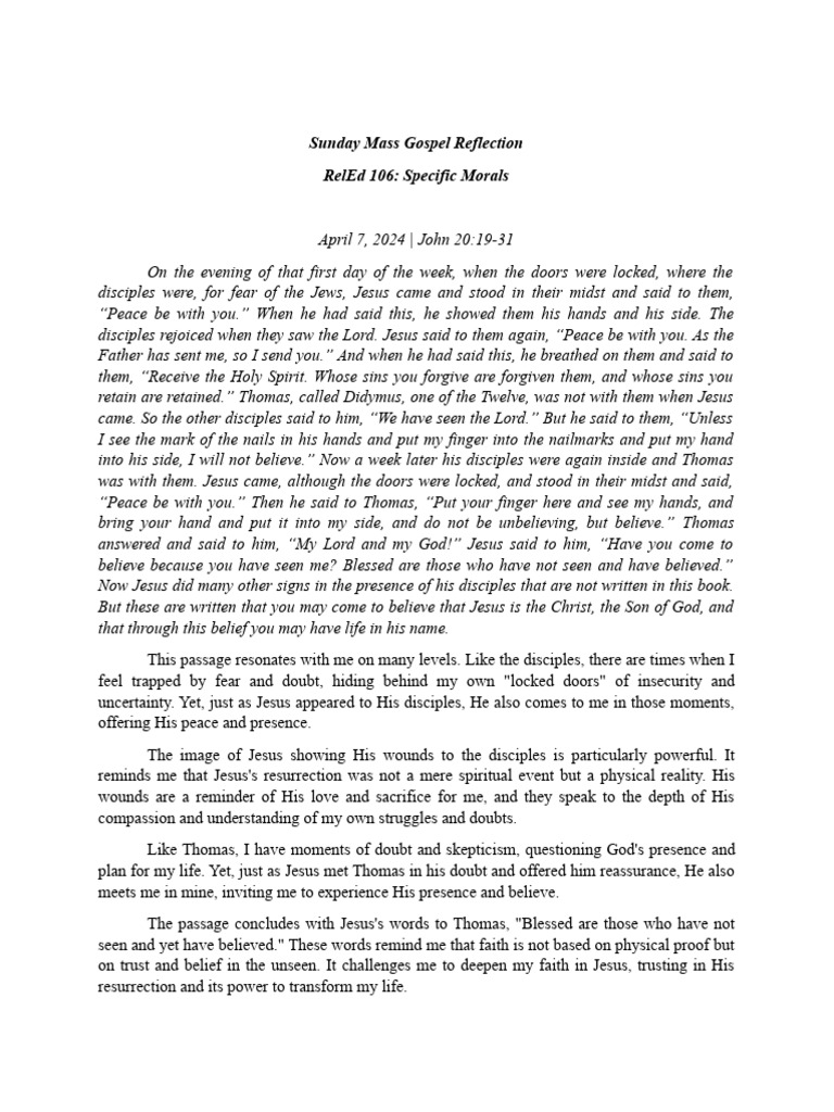 April 07 Sunday Mass Gospel Reflection | PDF | Jesus | Disciple ...