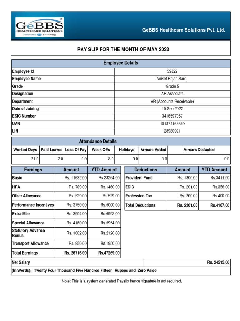 Payslip For 59822 | PDF | Payments | Expense