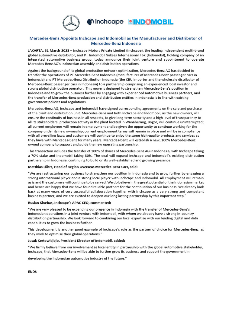 en - Press Release MBAG X Inchcape X Indomobil | PDF | Mercedes Benz ...