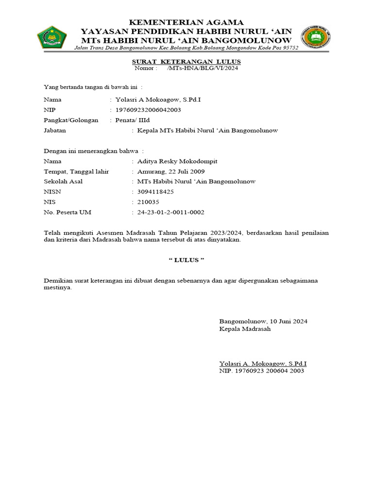 Surat Ket. Lulus 2024 | PDF