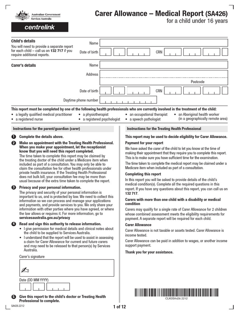 Carer Allowance - Medical Report: For A Child Under 16 Years | PDF ...