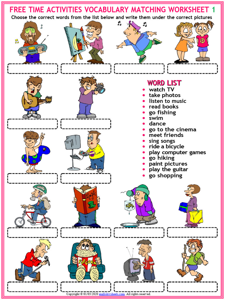 free time activities vocabulary esl matching exercise worksheets for ...