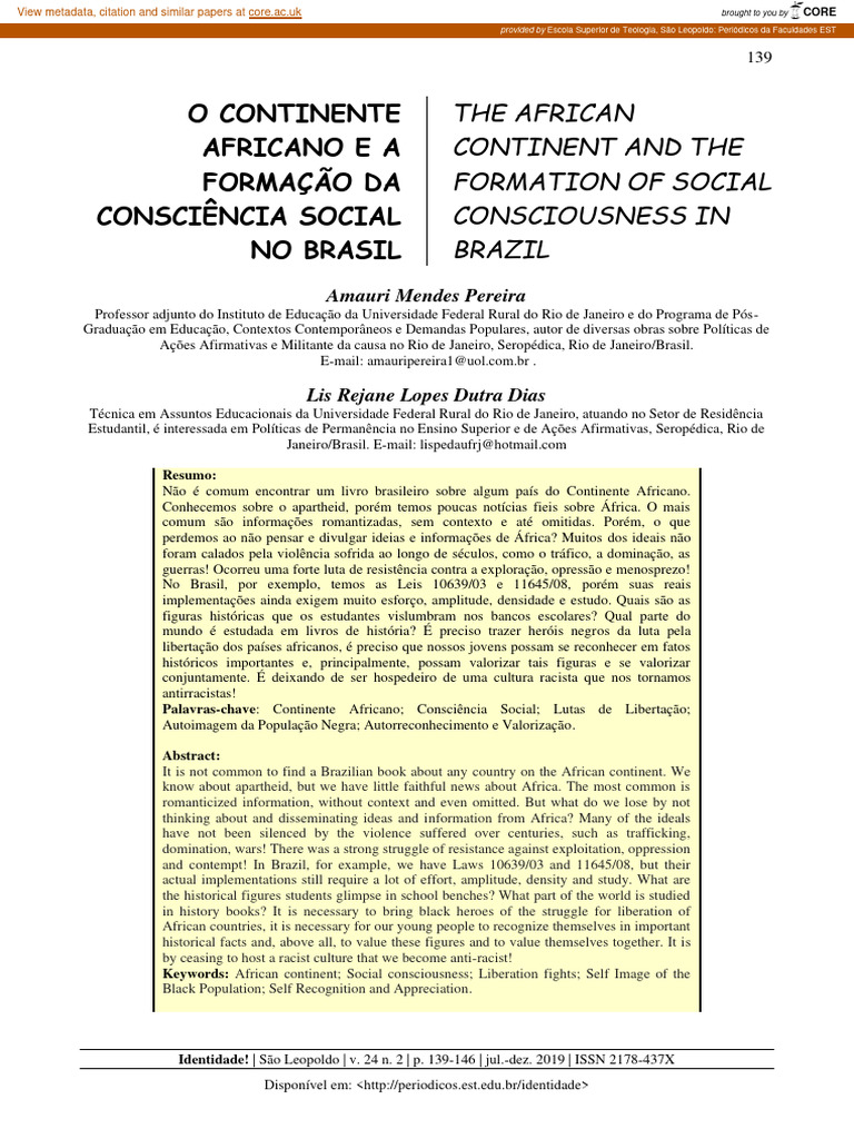 O Continente Africano e A Formação Da Consciência Social No Brasil ...
