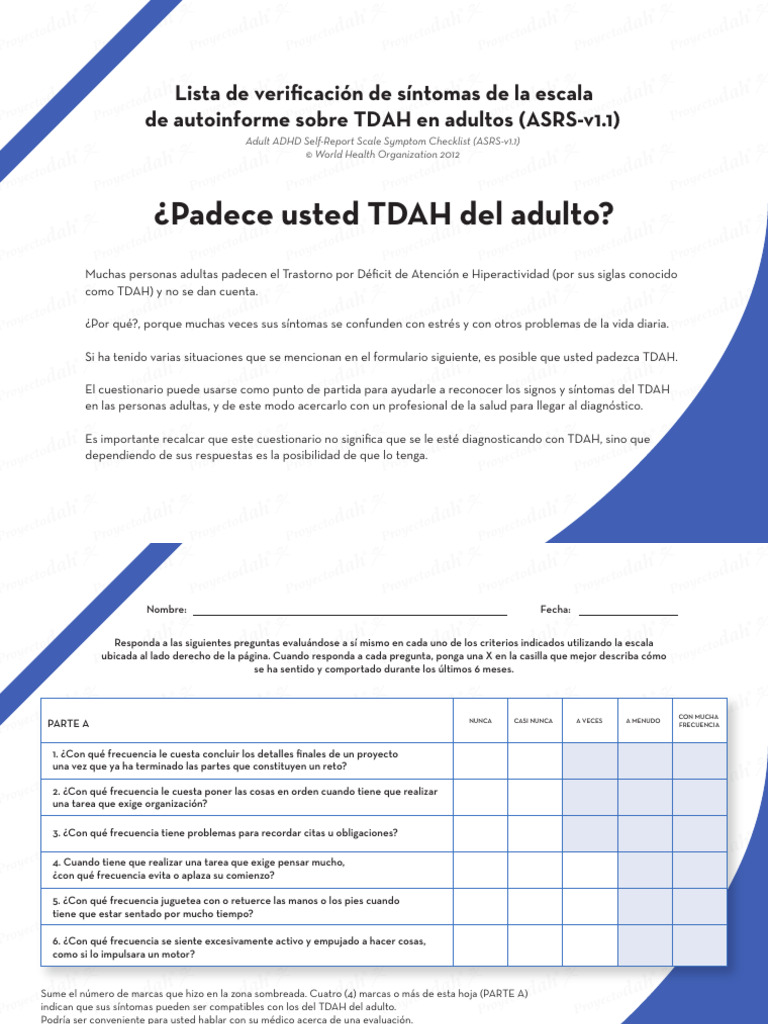 FF01 Escala de Autoinforme Sobre TDAH en Adultos ASRS v1.1 | PDF ...