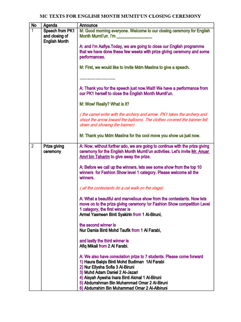 MC Texts For English Month Mumti'un Closing Ceremony | PDF