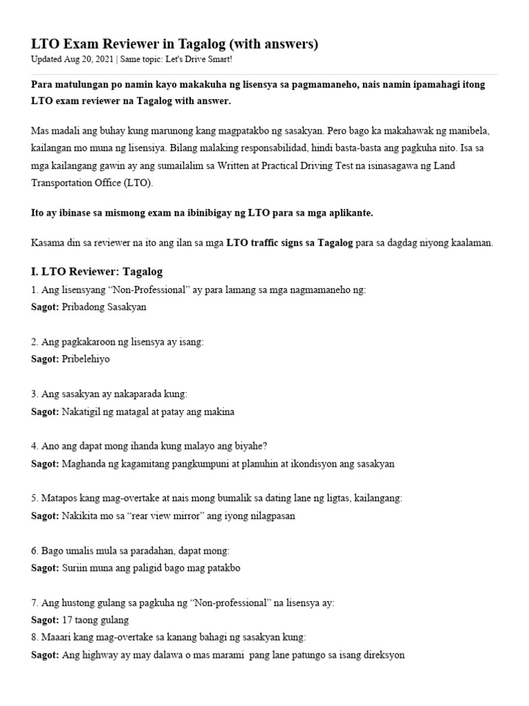 LTO Exam Reviewer in Tagalog | PDF