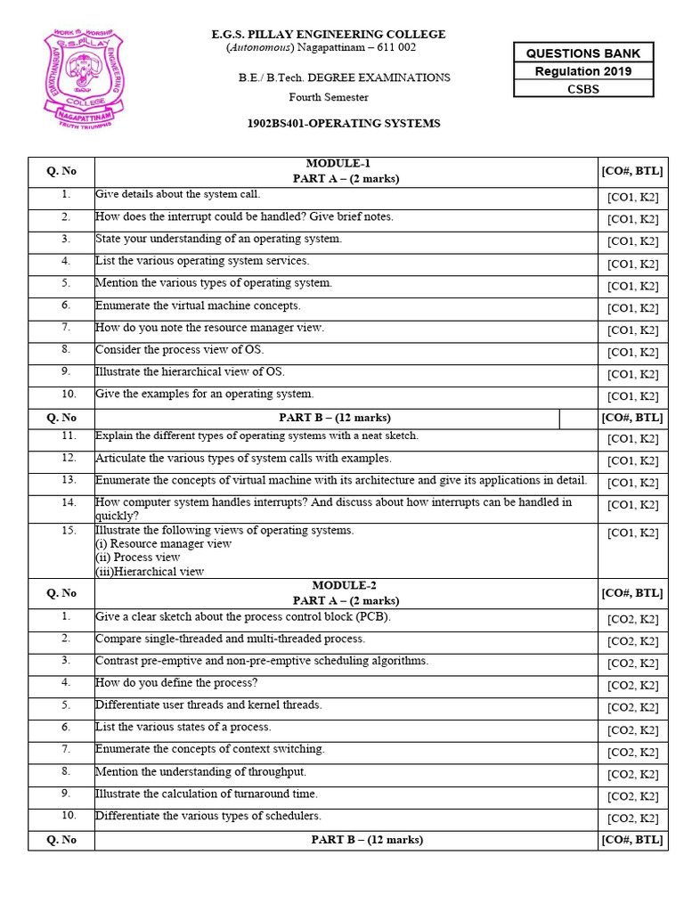 Question Bank 2023-24 Even 4th Semester 1902BS401-OPERATING SYSTEMS | PDF | Scheduling ...