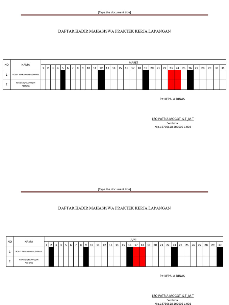Daftar Hadir Mahasiswa Praktek Kerja Lapangan. | PDF