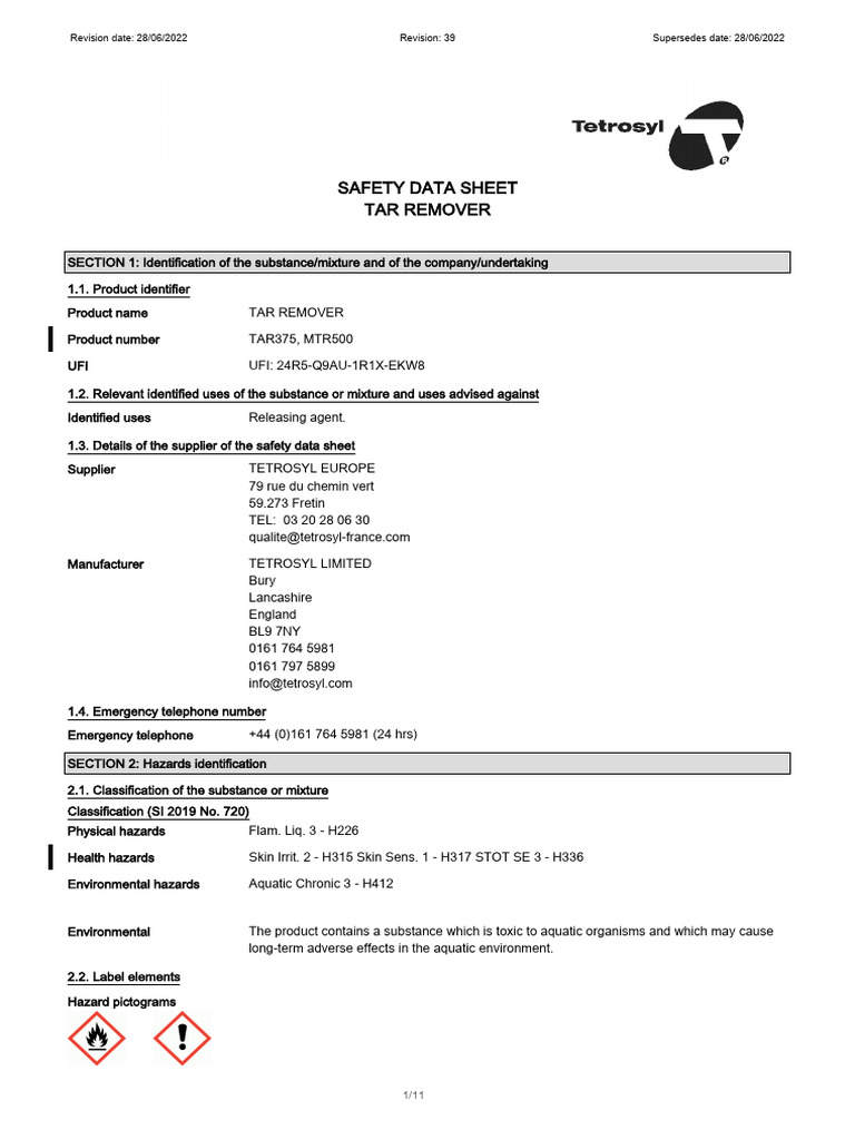 Safety Data Sheet Tar Remover | PDF | Toxicity | Dangerous Goods