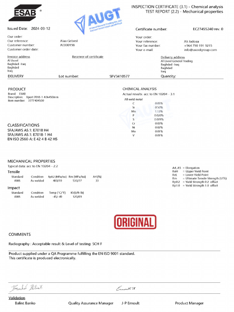 MTC For Essab Welding Rods 1 | PDF | Ultimate Tensile Strength | Materials
