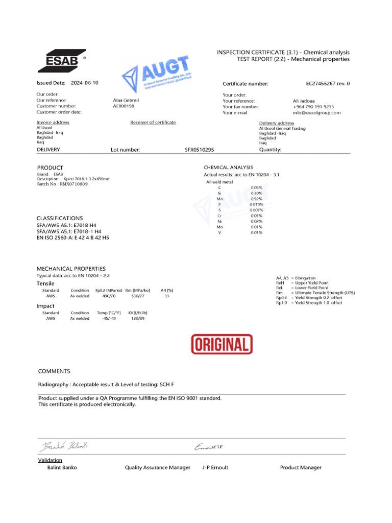 MTC For Essab Welding Rods 123 | PDF