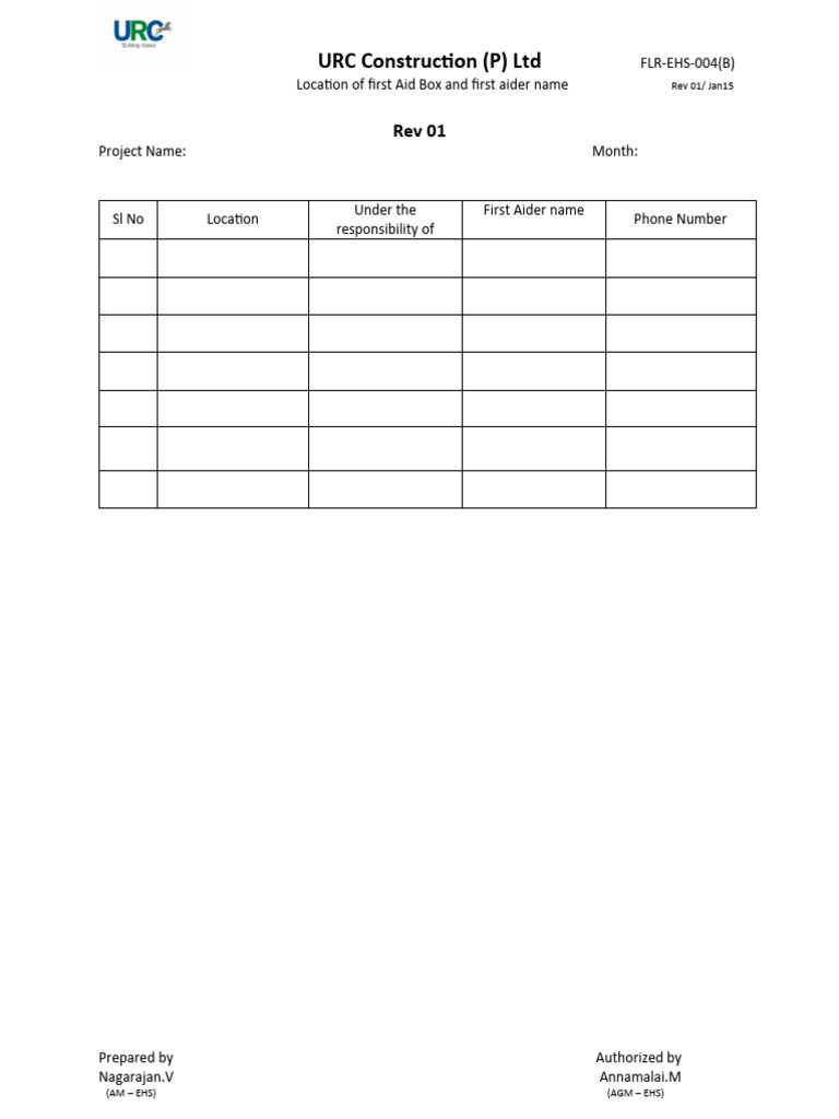 FLR-EHS-004B Location of First Aid Box and First Aider Name | PDF