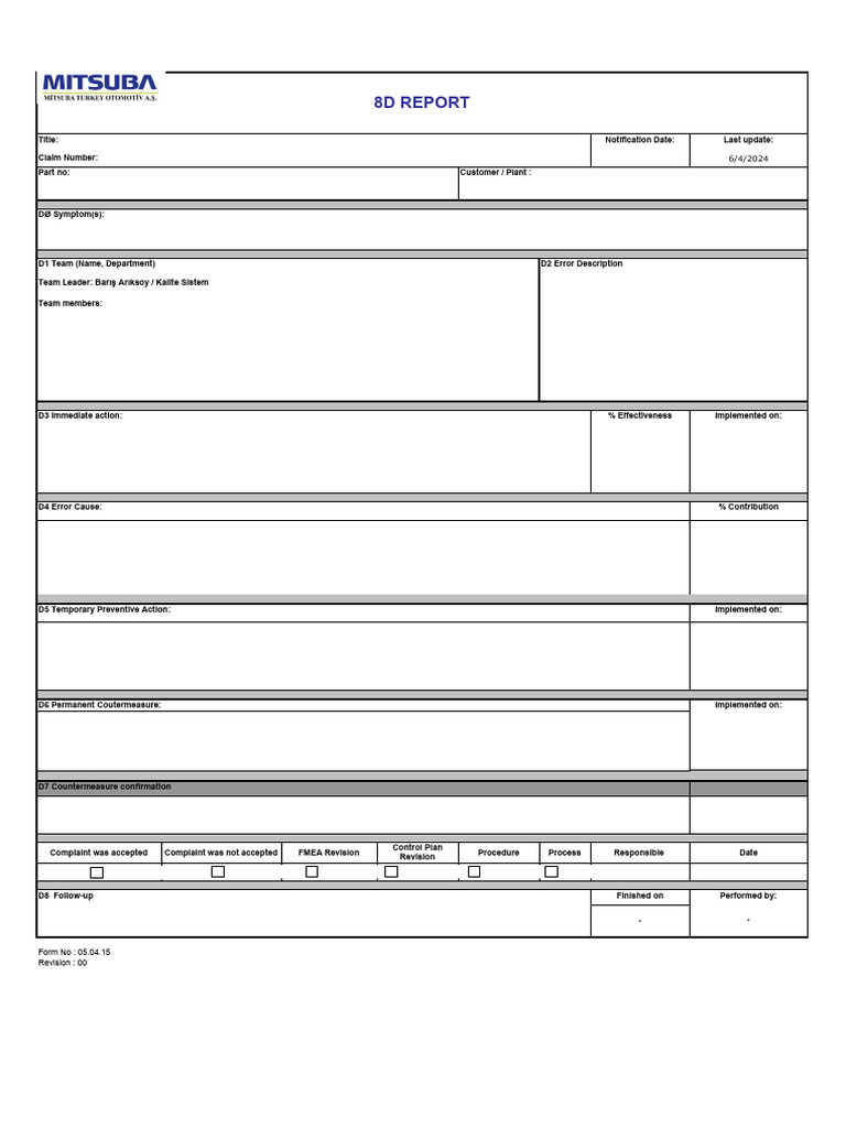 05.04.15 MTT Tedarikçi 8D Formu - MTT Supplier 8D Form | PDF