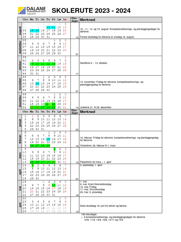 Skolerute Dalane Vgs 2023-2024 - Endelig | PDF