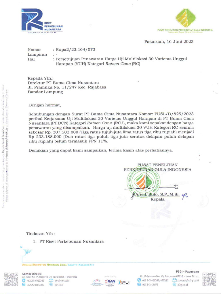 Persetujuan Penawaran Harga Uji Mulok 30 VUH Kategori RC (BCN) | PDF