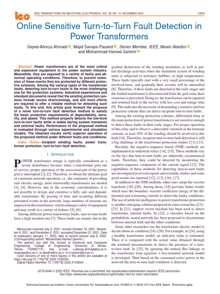 Online Sensitive Turn-to-Turn Fault Detection | PDF | Transformer | Electrical Engineering