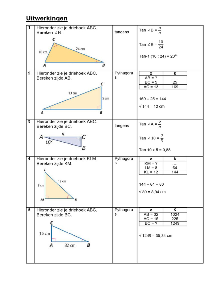 3M H8 Werkblad Pythagoras en Tangens Door Elkaar - Uitwerkingen | PDF