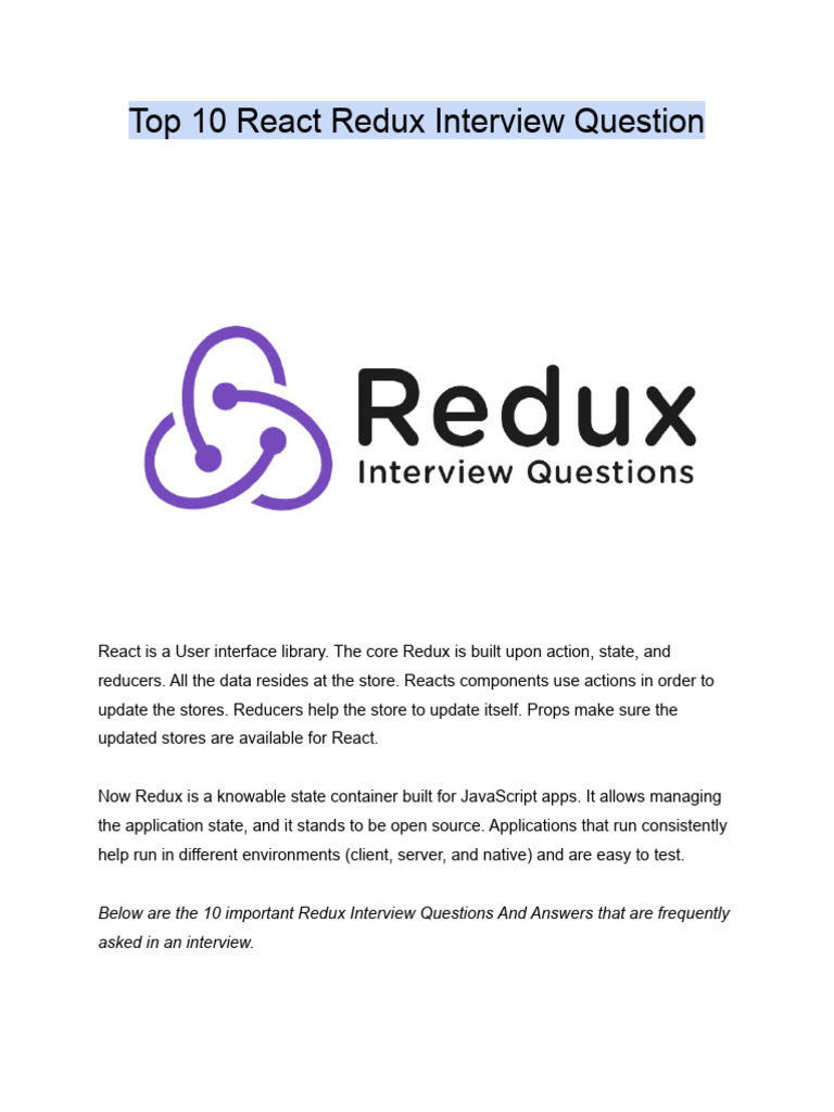 Must Do Top 10 React Redux Interview Questions | PDF | Software Development | Computing