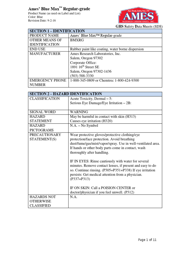 Ames' Blue Max Regular-Grade: GHS Safety Data Sheets (SDS) Section 1 ...