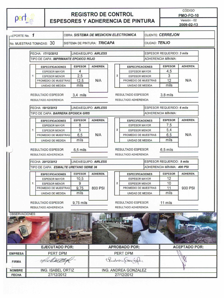 Registro De Espesores Y Adherencia De Pintura PDF
