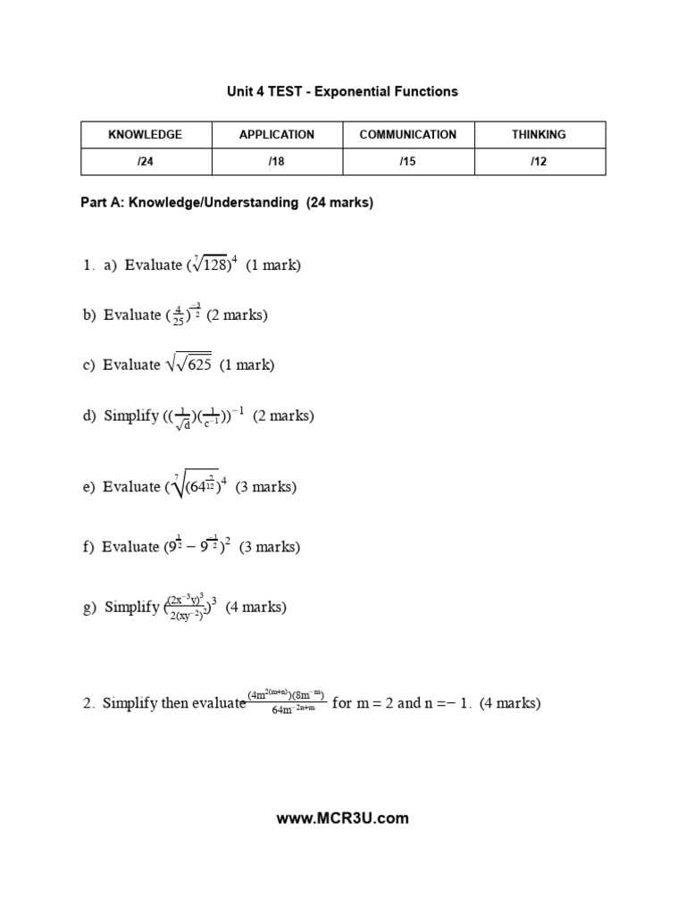 Exponential Functions Test 1 Questions | PDF | Exponentiation | Equations