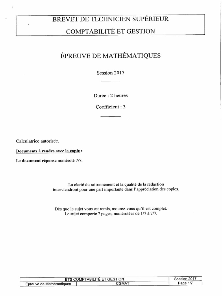 Bts CG 2017 Epreuve E2 Mathmatiques Icee | PDF