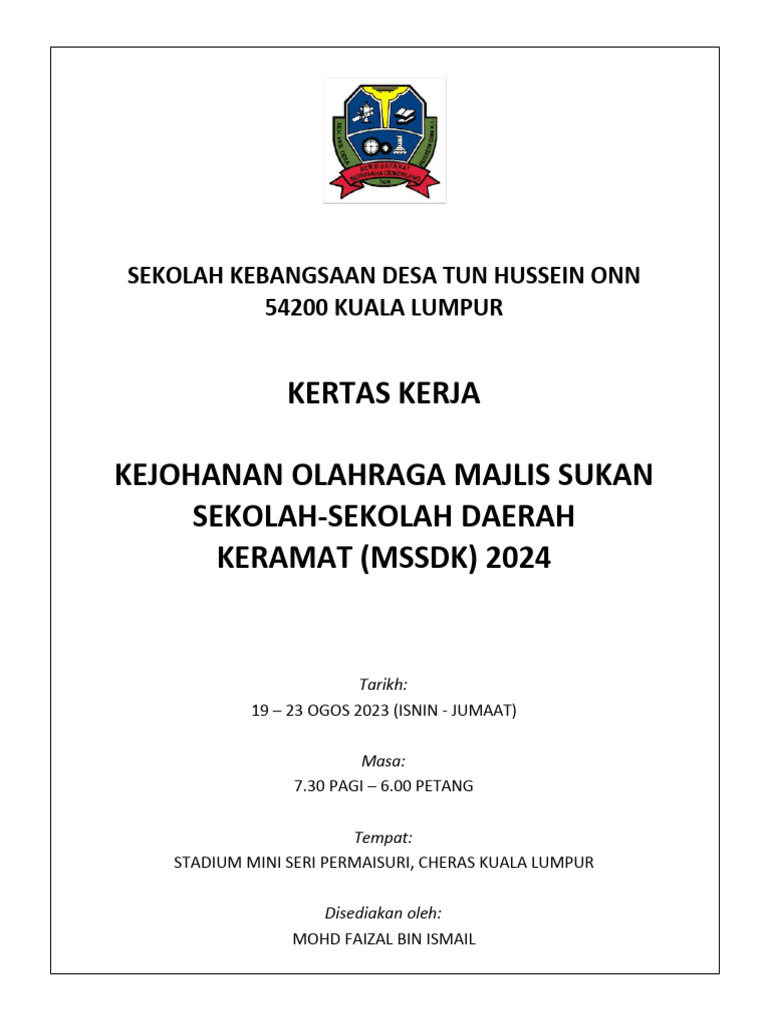 KERTAS KERJA KEJOHANAN OLAHRAGA MSSD 2024 | PDF