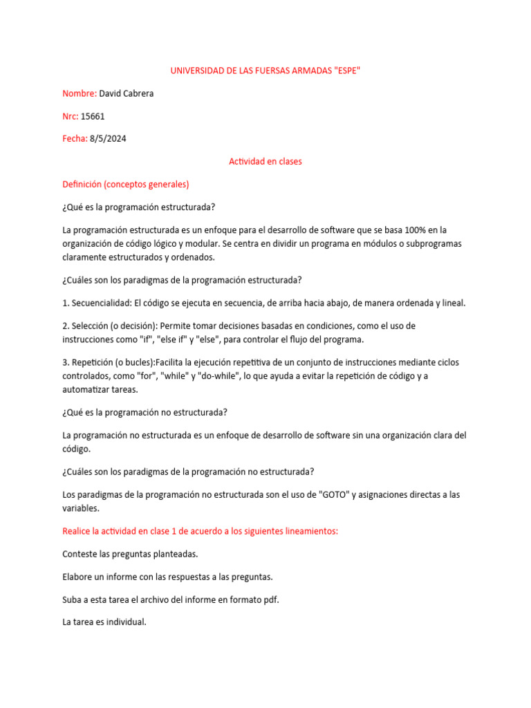 Deber 1 Fundamentos Programacion David Cabrera Nrc15661 | PDF | Programación de computadoras ...