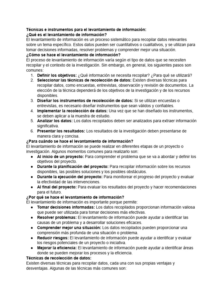 Tecnicas y Instrumentos para El Levantamiento de I... | PDF | Metodología de encuesta | Observación