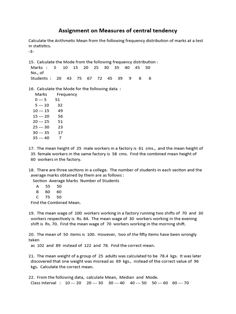 Assignment On Measures of Central Tendency | PDF | Mean | Arithmetic Mean