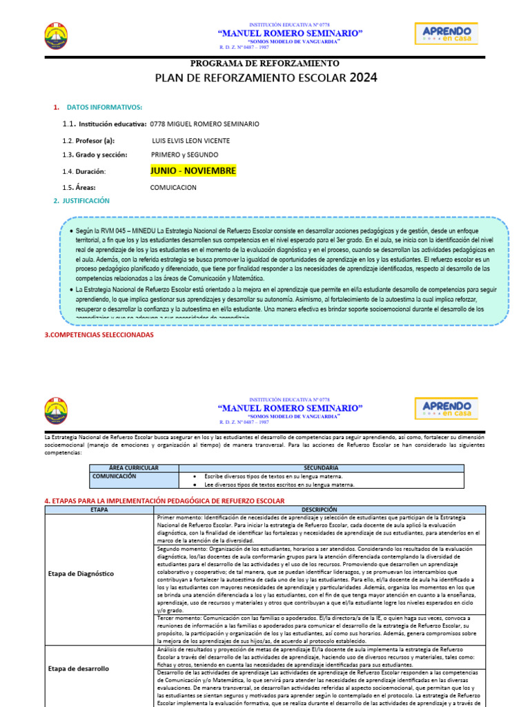 Plan de Reforzamiento Marse-2024 | PDF | Aprendizaje | Evaluación