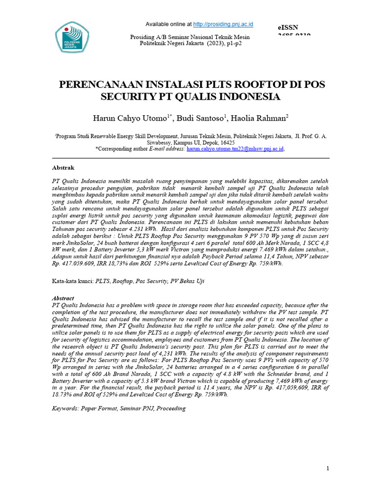 Perencanaan Instalasi PLTS Rooftop Di Pos Security PT Qualis Indonesia | PDF