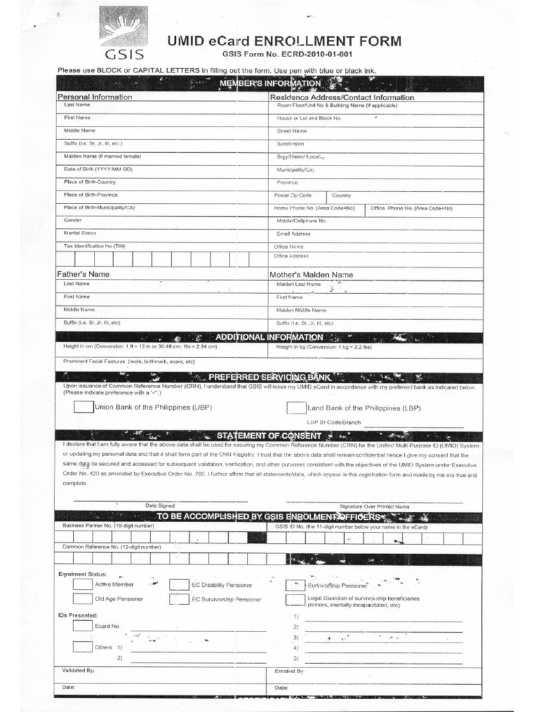 GSIS ECARD - UMID Enrolment Form | PDF
