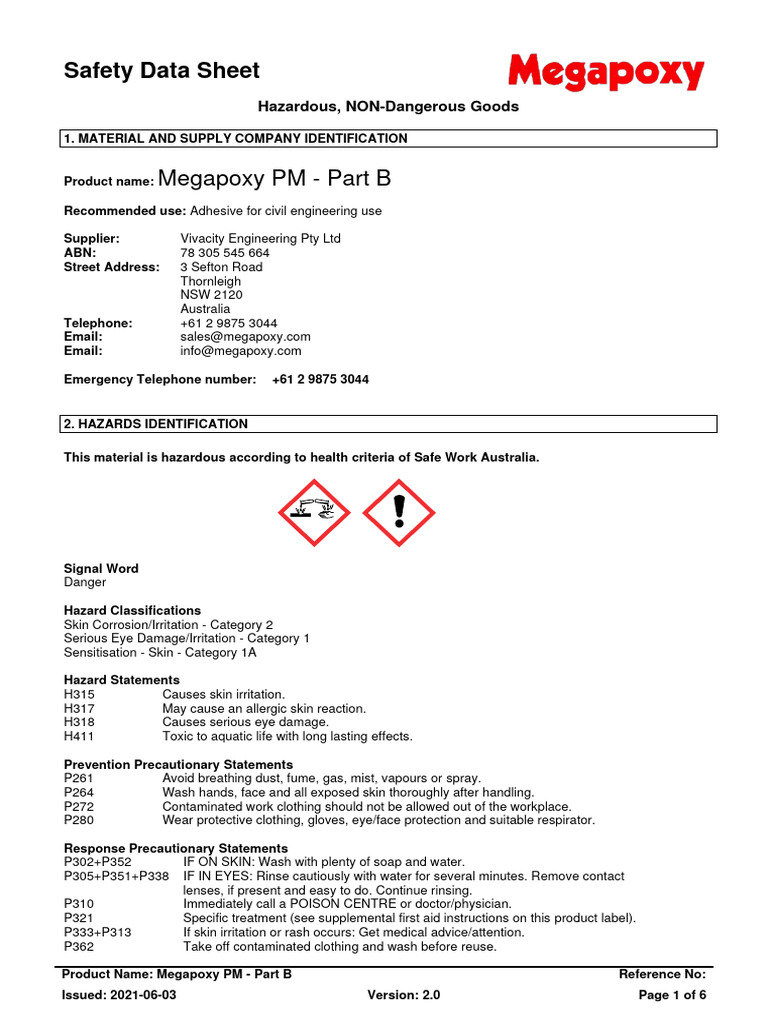 Megapoxy PM Part B Safety Data Sheet | PDF | Personal Protective ...